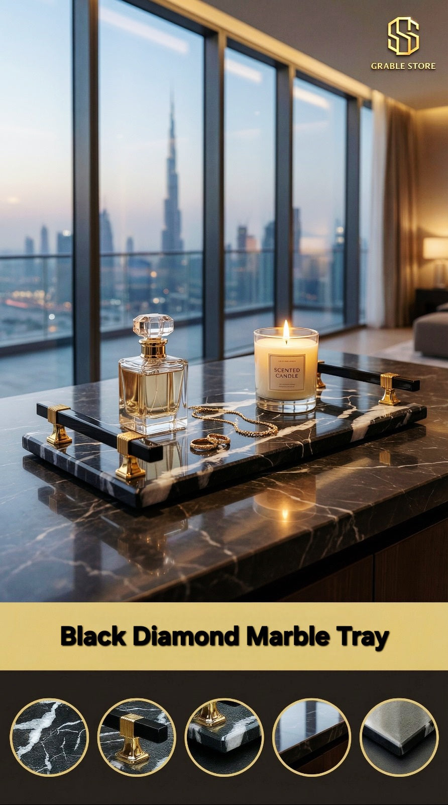 Black Diamond Marble Tray with Premium Handles | Grable Store